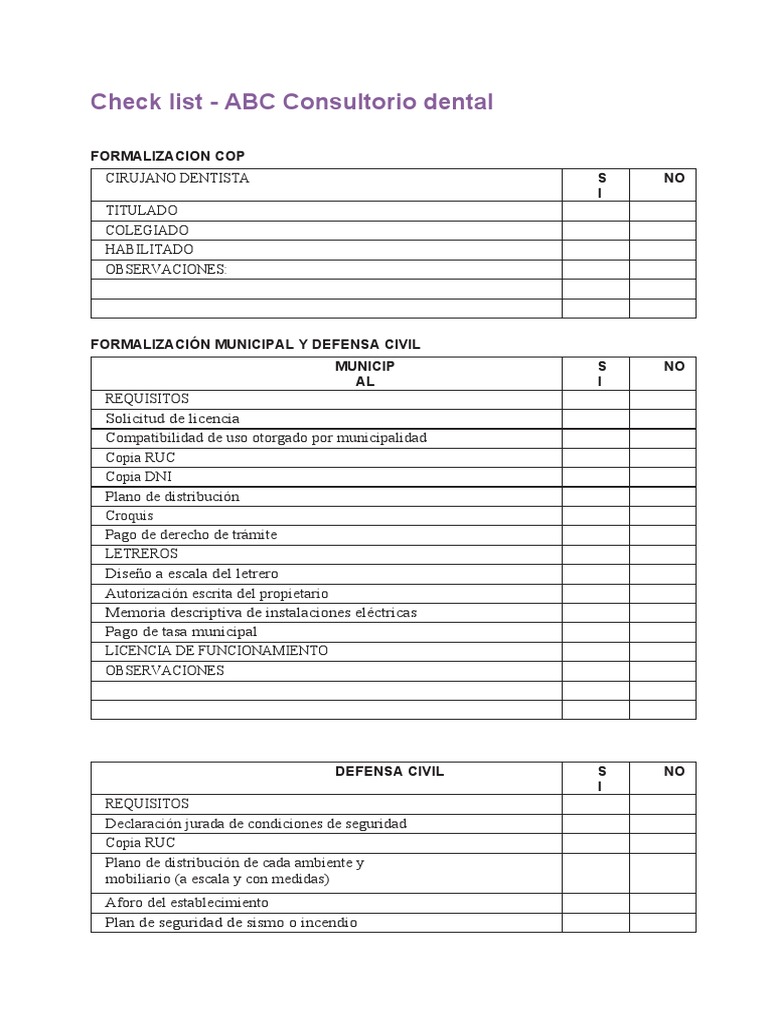 Checklist para Consultorio Dental ABC | PDF | Odontología | Ciencias de ...