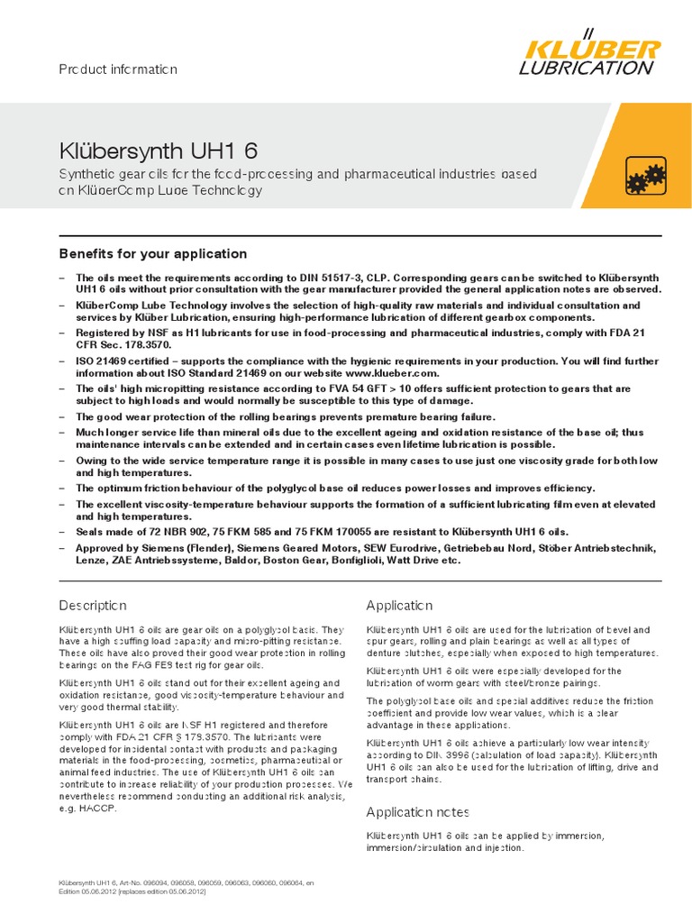 Klubersynth Uh1 6 Series | PDF | Lubricant | Bearing (Mechanical)