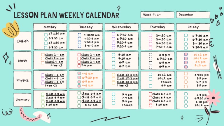 Lesson Plan Weekly Calendar: Monday Tuesday Wednesday Thursday Friday | PDF