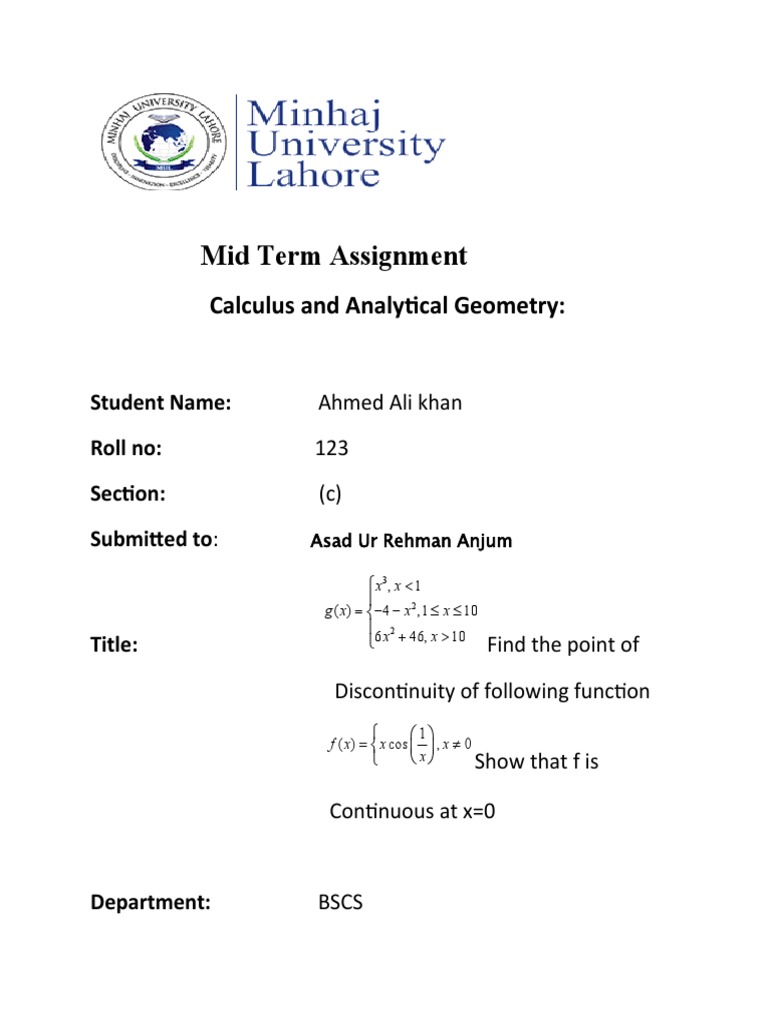 Mid Term Assignment: Calculus and Analytical Geometry | PDF | Teaching Methods & Materials