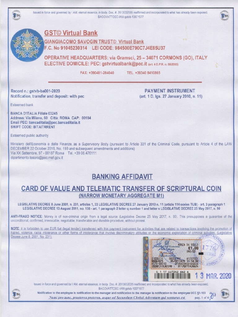 BANKING AFFIDAVIT Record N.GSTVB Ba001 2020 | PDF