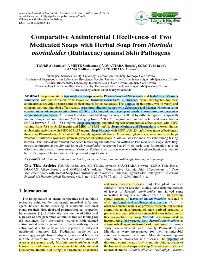 Comparative Antimicrobial Effectiveness of Two Medicated Soaps With Herbal Soap From Morinda ...
