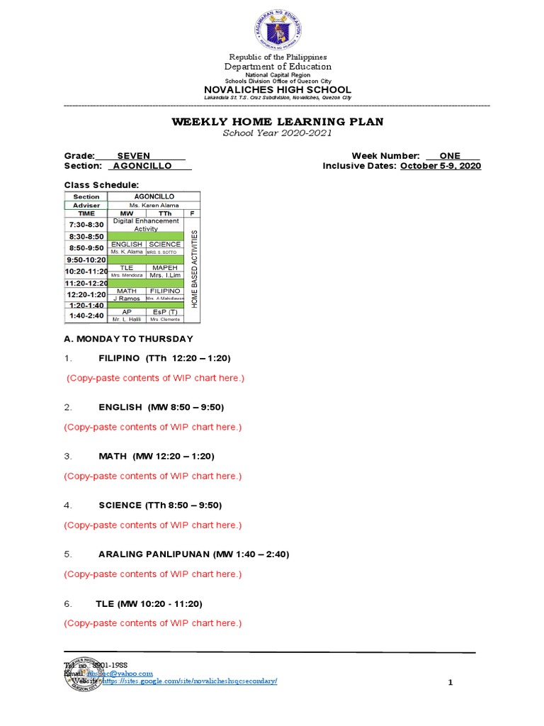 WEEKLY HOME LEARNING PLAN Template | PDF | Learning | Behavior Modification