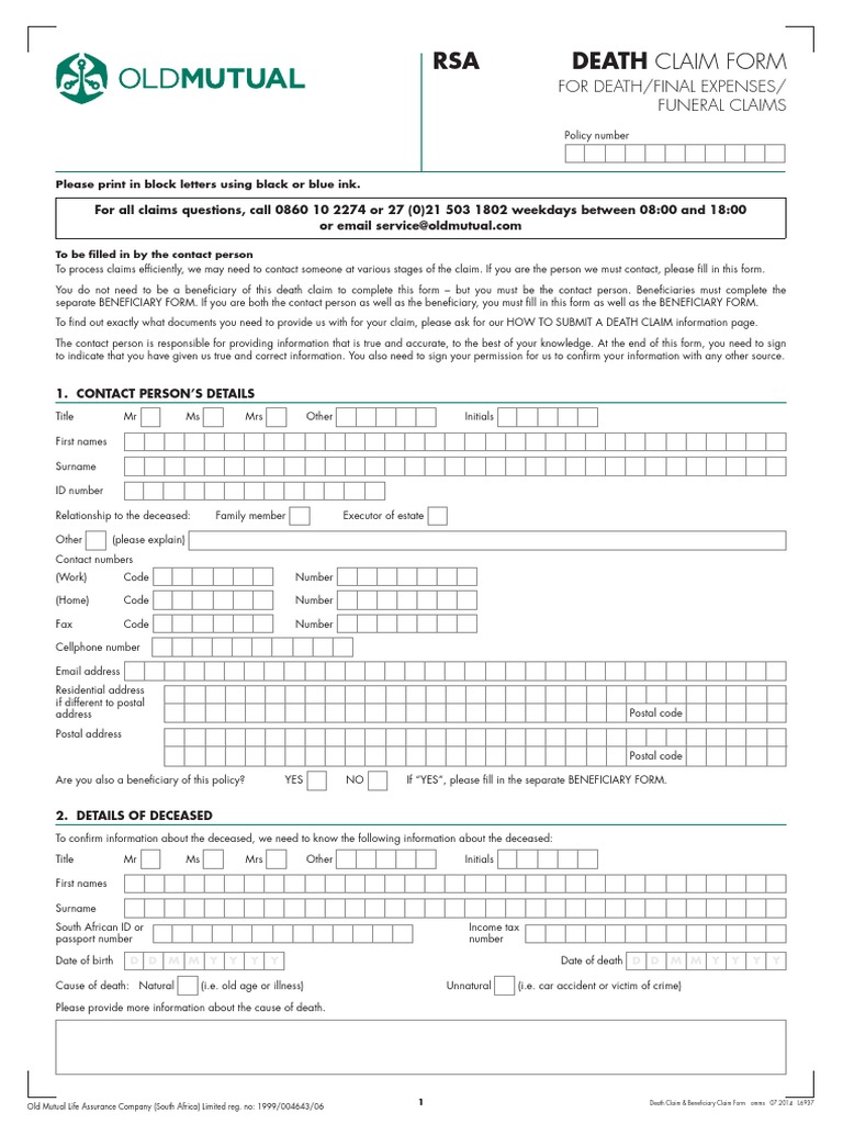 Death Claim Form RSA: For Death/Final Expenses/ Funeral Claims | PDF ...