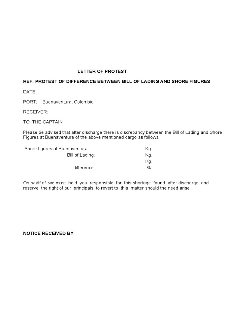 Letter of Protest Ref: Protest of Difference Between Bill of Lading and ...