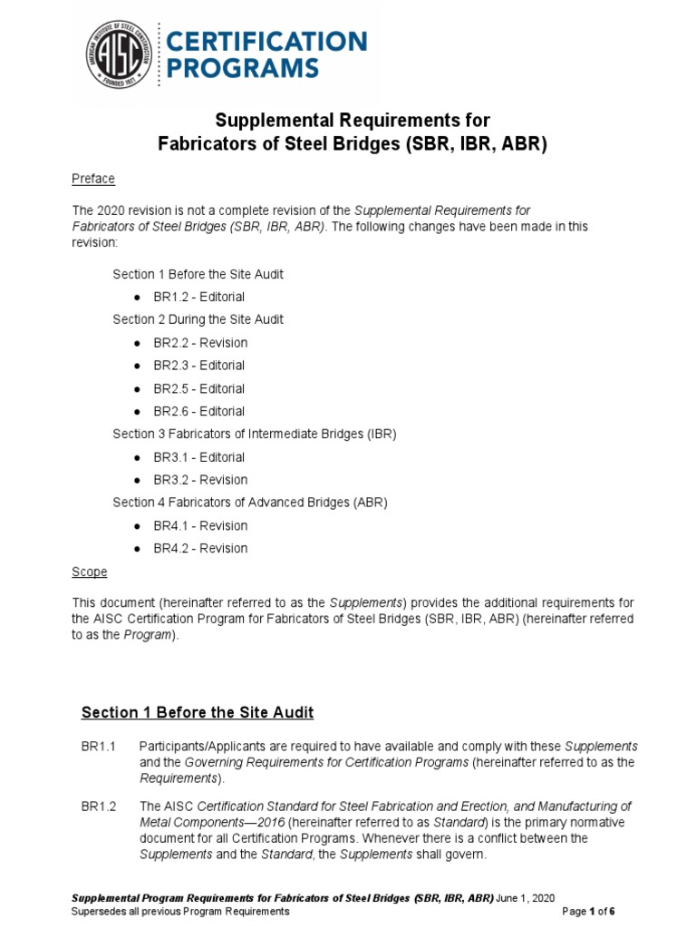 Supplemental Requirements For Fabricators of Steel Bridges (SBR, IBR ...
