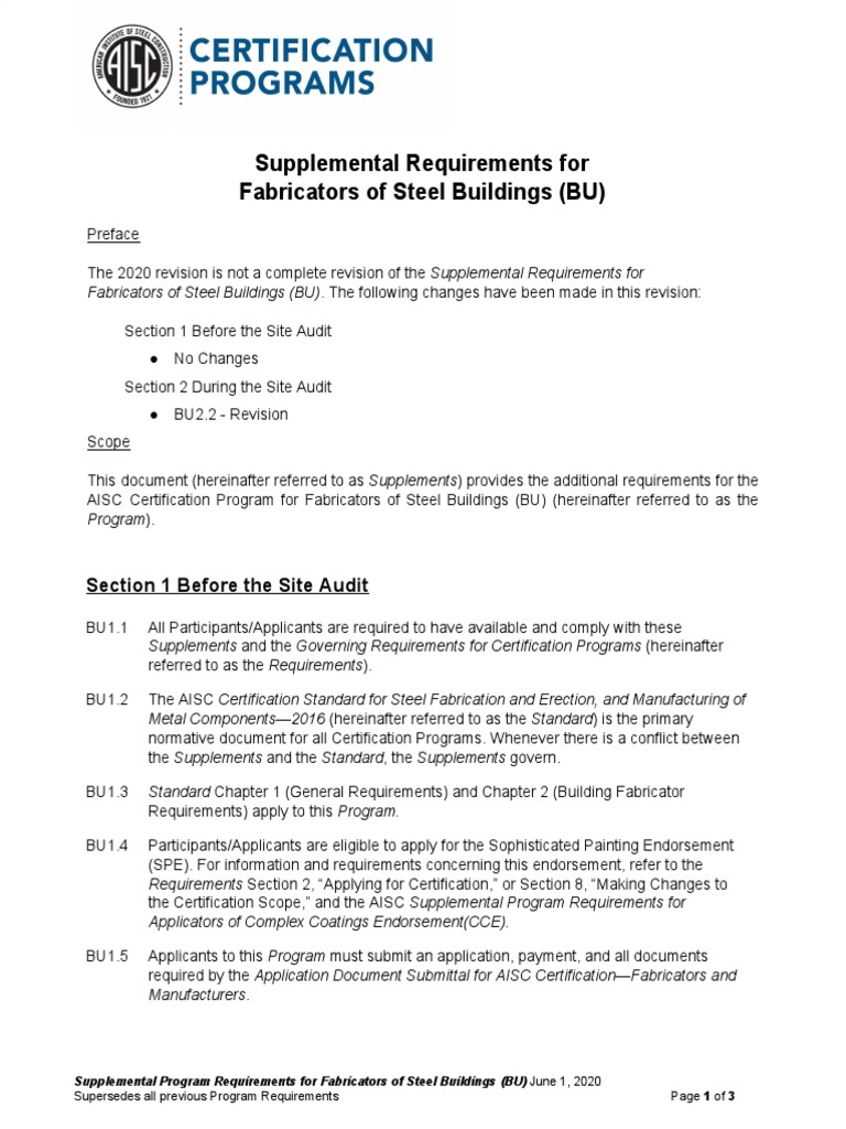 Supplemental Requirements For Fabricators of Steel Buildings (BU) | PDF ...