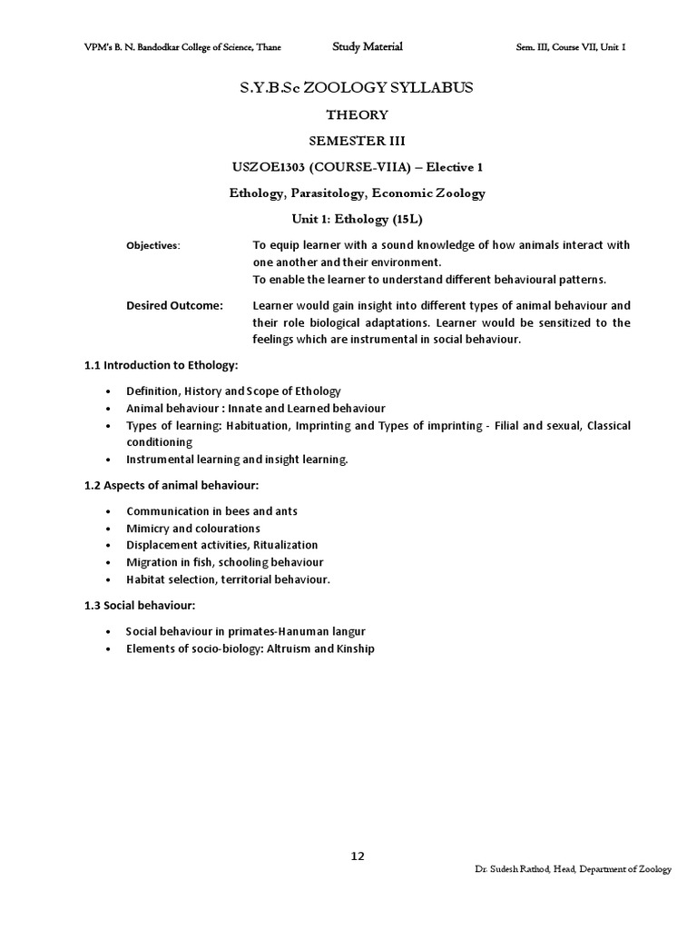 Sybsc Sem III Course VII Unit1, ETHOLOGY | PDF | Ethology | Classical Conditioning