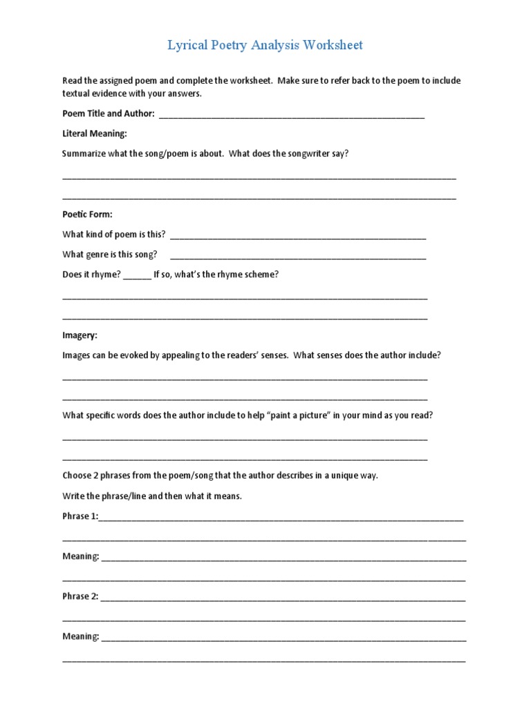 Lyrical Poetry Analysis Worksheet | PDF | Poetry | Rhyme