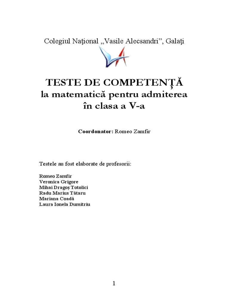 Teste Admitere La Matematica Clasa 5 CNVA 2020 PDF | PDF