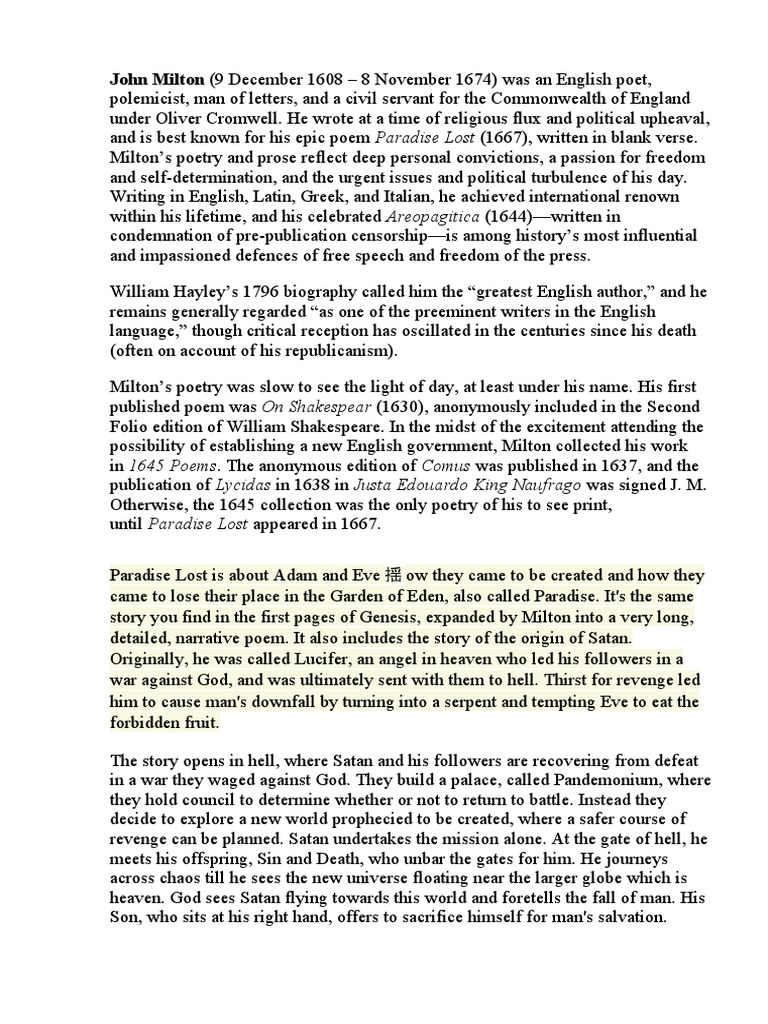 John Milton: Epic Poet and Champion of Free Speech | PDF | Adam And Eve ...