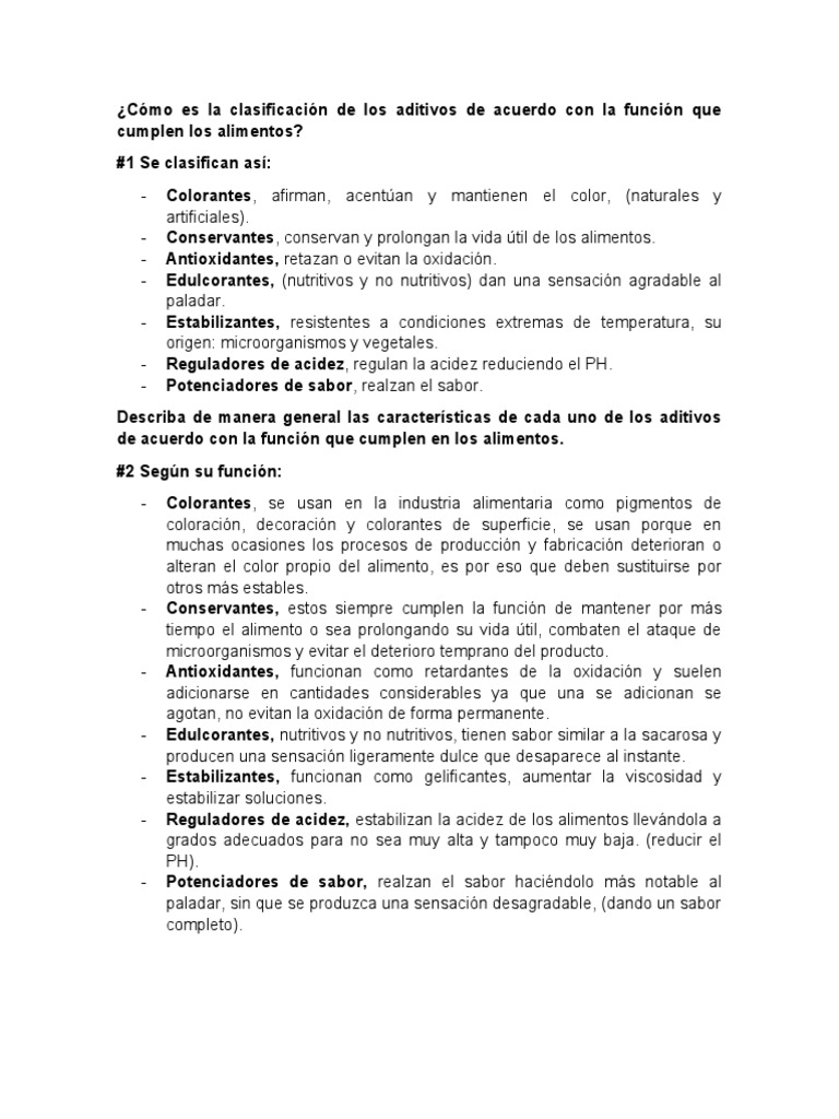 Cómo Es La Clasificación de Los Aditivos de Acuerdo Con La Función Que ...