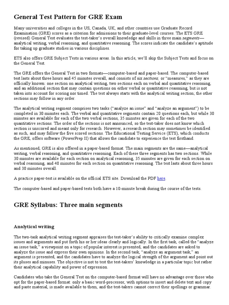 General Test Pattern For GRE Exam | PDF | Graduate Record Examinations ...