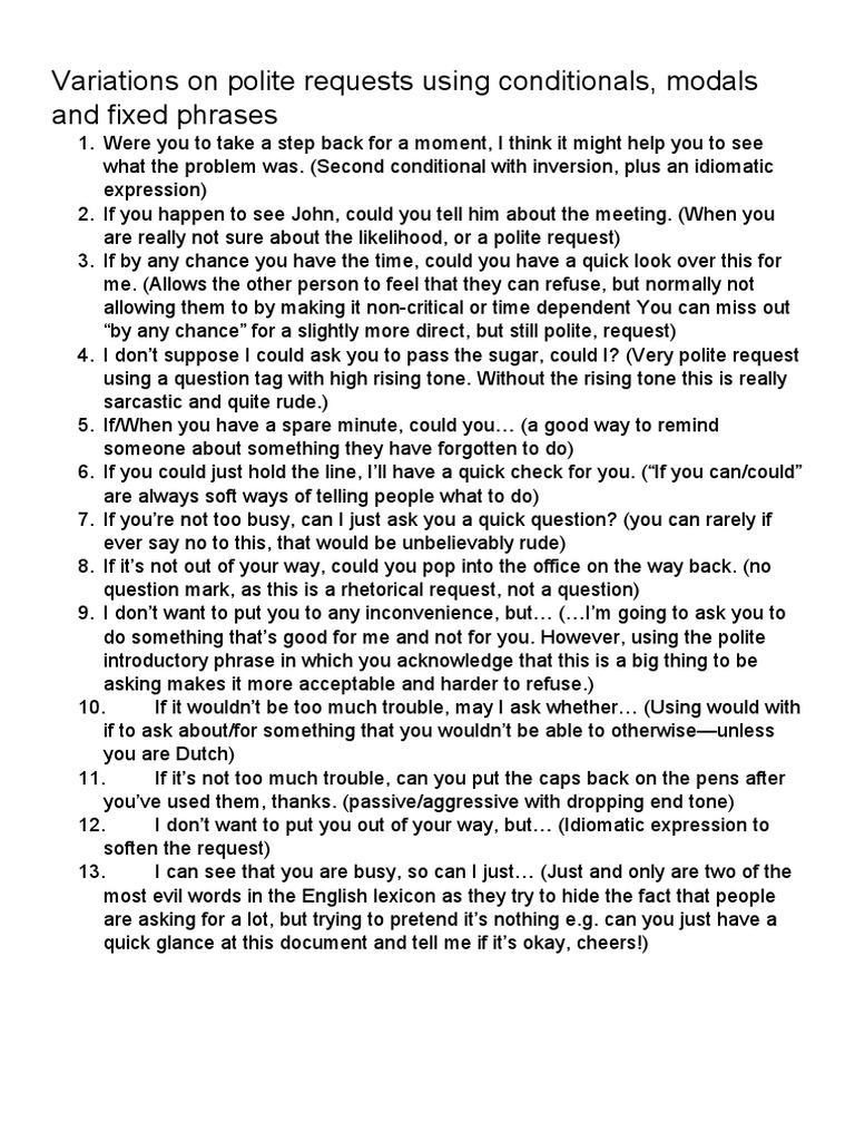 Polite Request Phrases Guide | PDF | Grammar | Linguistics