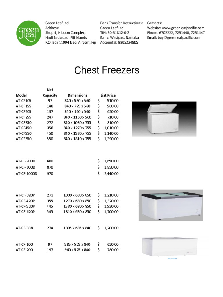 Chest Freezers: Net Model Capacity Dimensions List Price | PDF