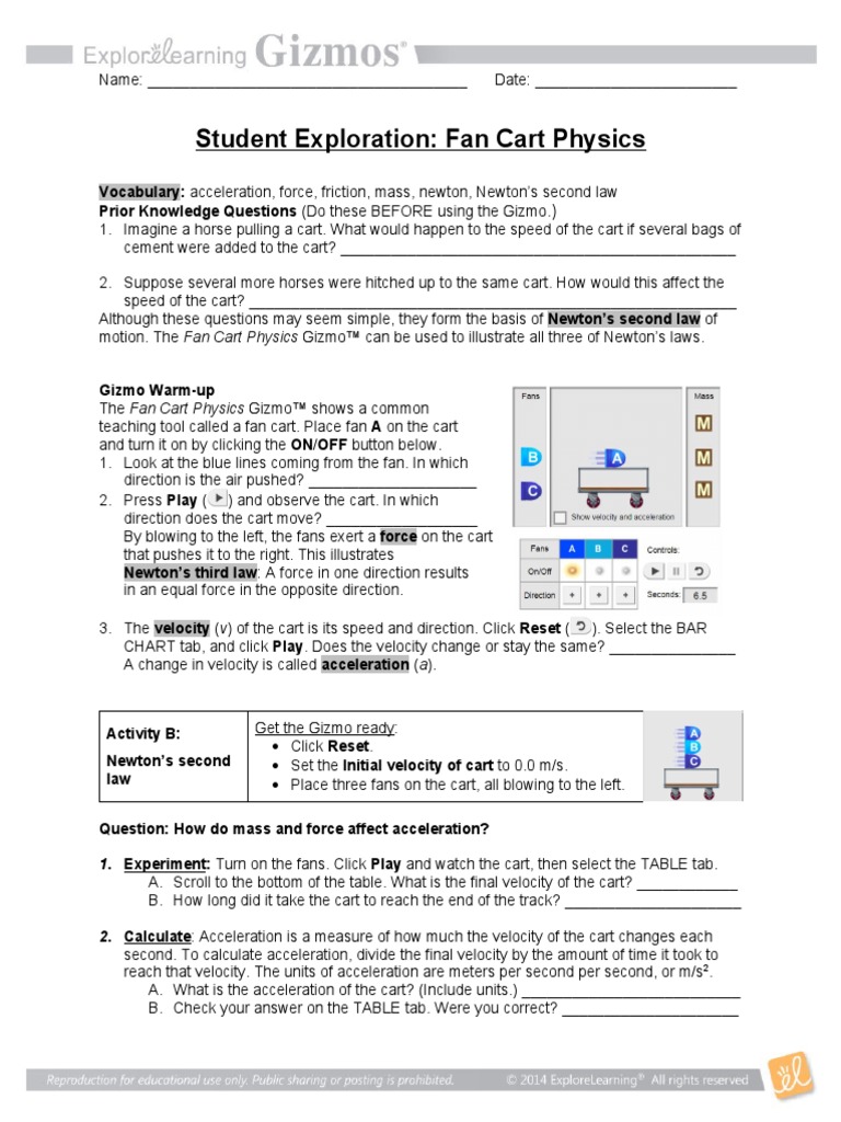 Student Exploration: Fan Cart Physics: 1. Experiment | PDF | Force | Mass