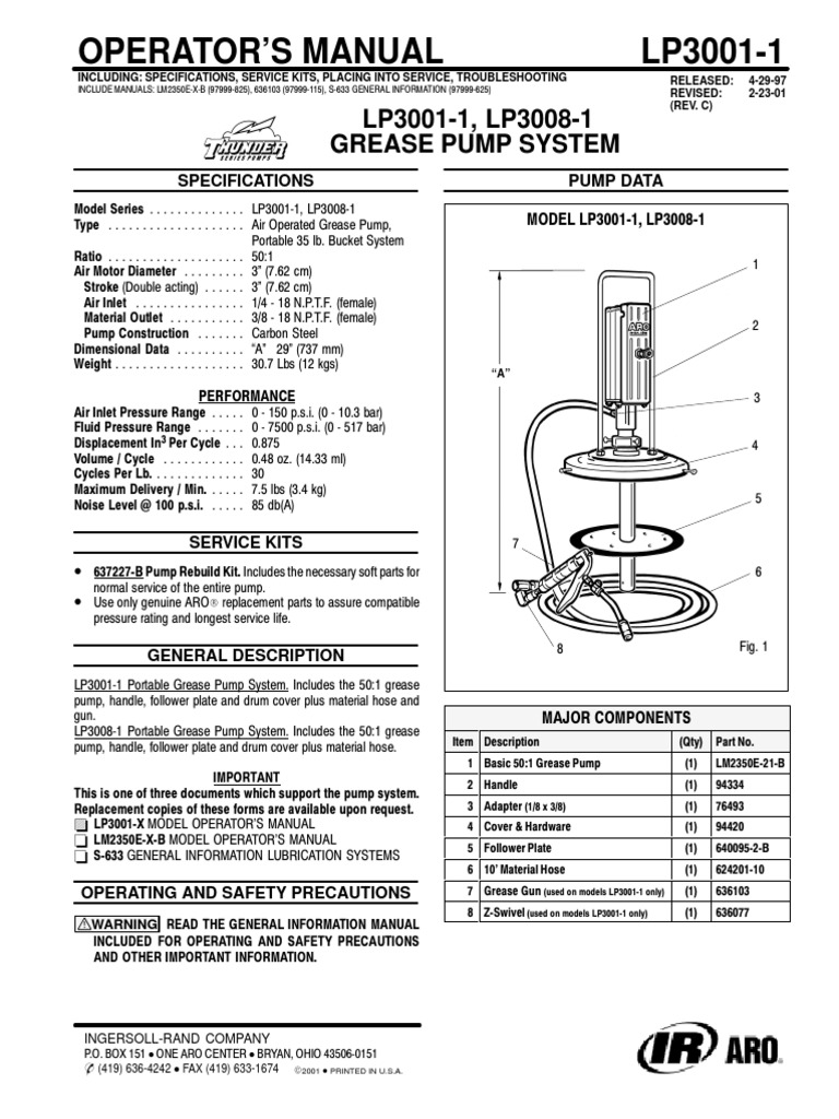 Operator'S Manual LP3001-1: Grease Pump System LP3001-1, LP3008-1 | PDF ...
