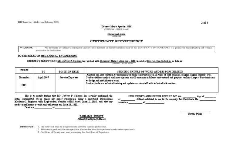 Certificate of Experience - Example | PDF | Engineer | Government
