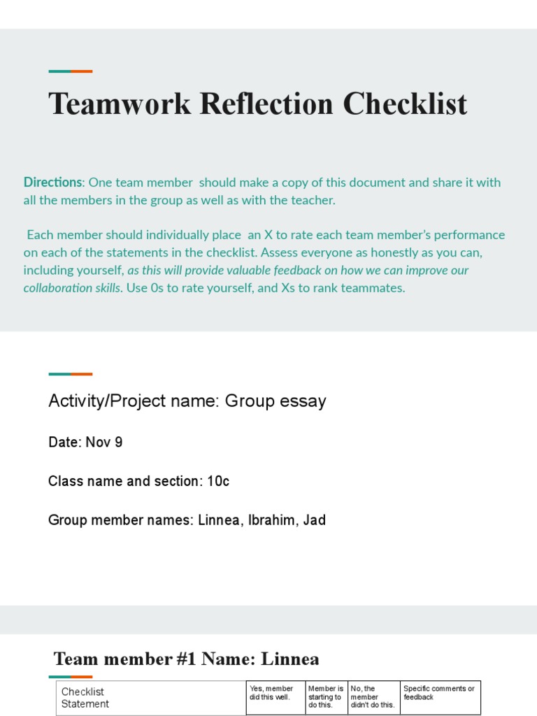 Team Work Reflection Checklist | PDF | Cognition | Behavior Modification