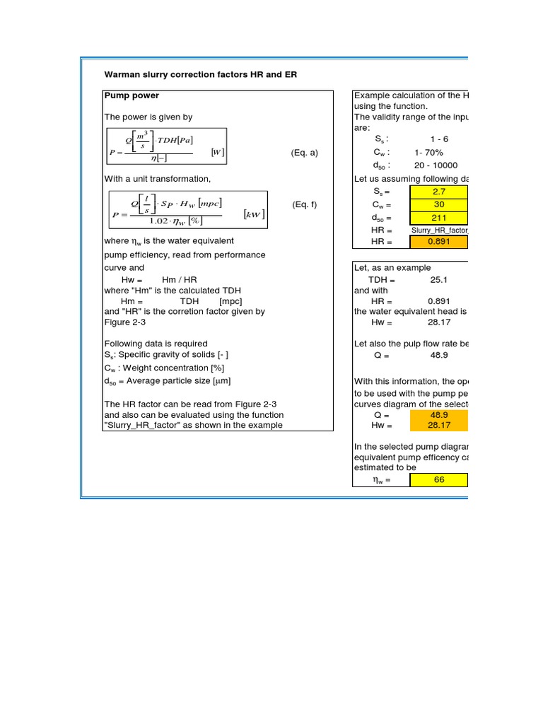 Warman Slurry Correction Factors HR and ER Pump Power: MPC H S S L Q P ...