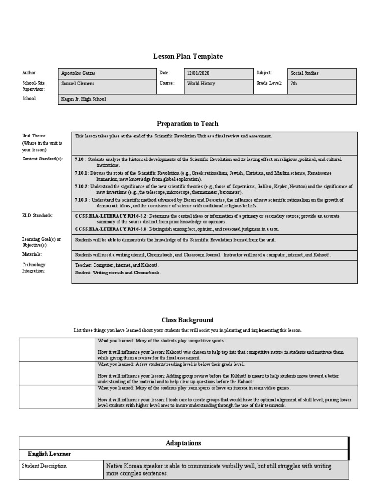 Lesson Plan Template: Preparation To Teach | PDF | Scientific ...