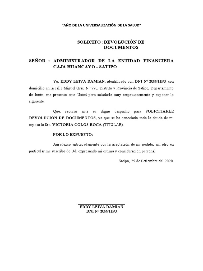 Solicito Devolucion de Documentos Eddy Leiva Damian | PDF | Finanzas y dinero