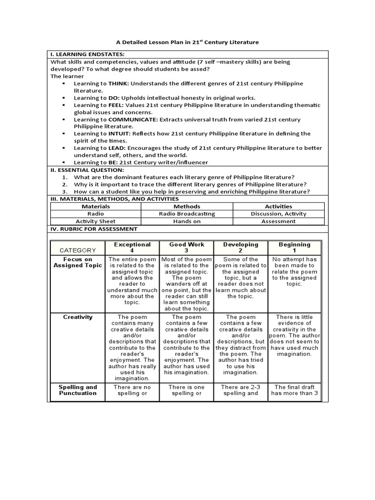 Detailed Lesson Plan - 21st Century Literature | PDF | Genre | Lesson Plan Detailed Lesson Plan - 21st Century Literature | PDF | Genre | Lesson Plan
