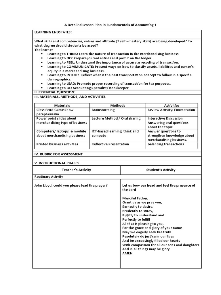 Detailed Lesson Plan - Fundamentals of Accounting 1 | PDF | Debits And ...