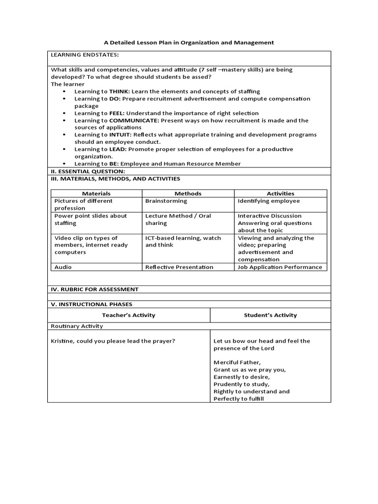 Detailed Lesson Plan - Organization and Management | PDF | Human ...