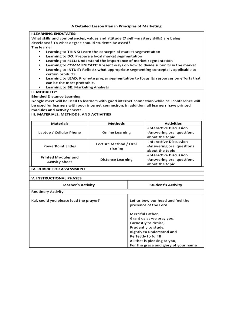 Detailed Lesson Plan - Principles of Marketing | PDF | Market ...