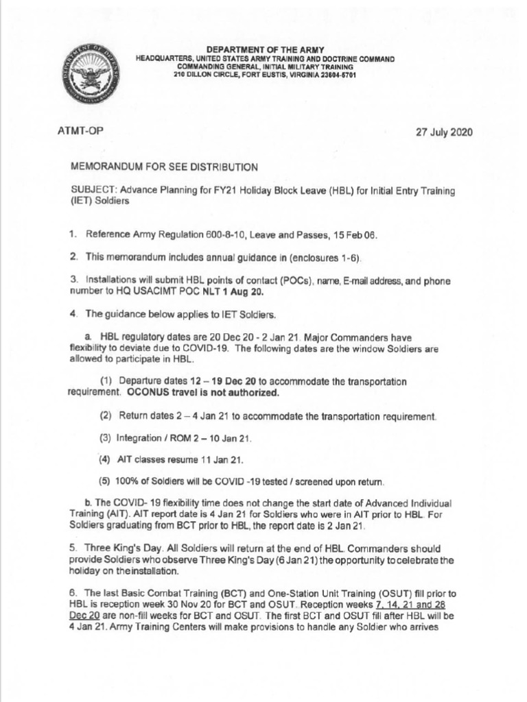 Army Holiday Leave Memo | PDF