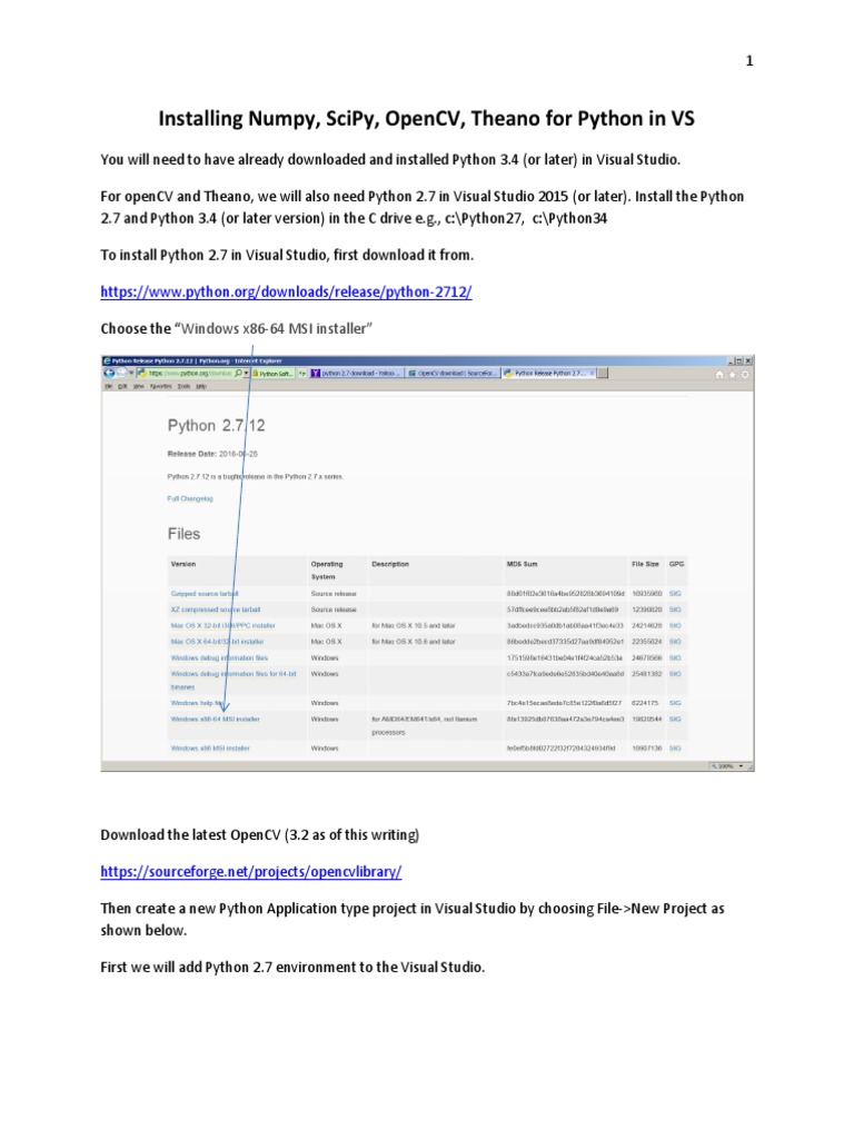 Installing Numpy Scipy Opencv Theano For Python In Vs Windows X86 64 Msi Installer Pdf