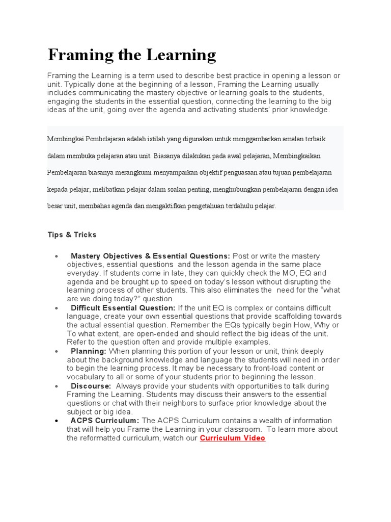 Framing The Learning | PDF | Question | Learning