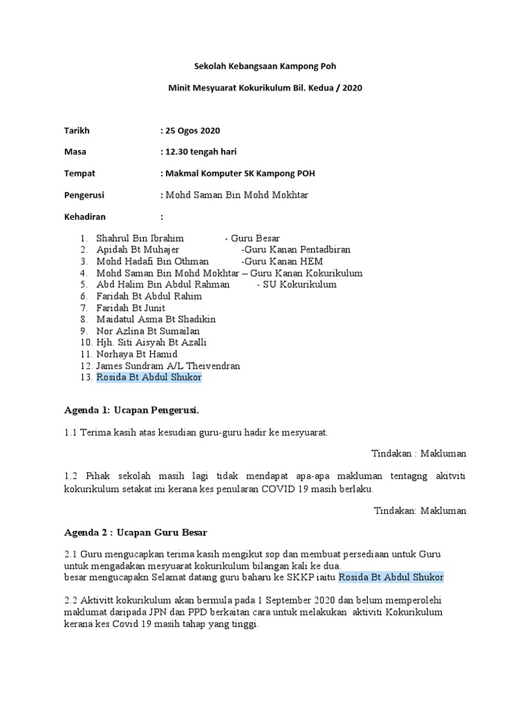 Minit - Mesyuarat - Kokurikulum - Kali - Kedua 2020 | PDF