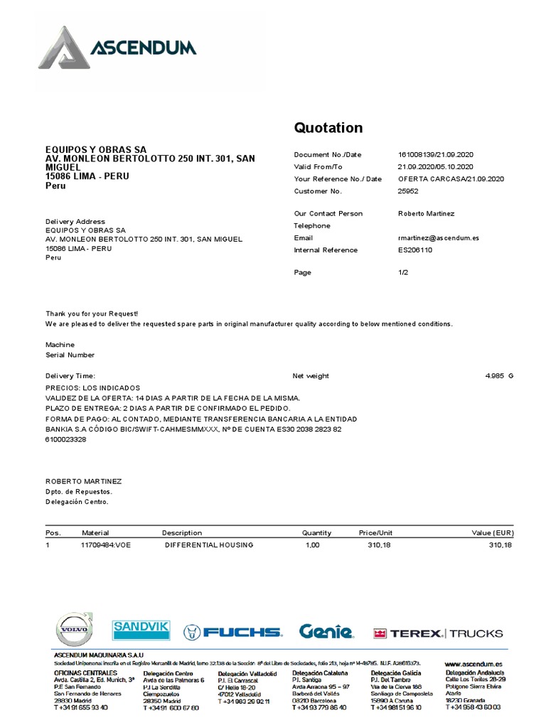 Spare Parts Quotation for EQUIPOS Y OBRAS SA | PDF | Payments | Business