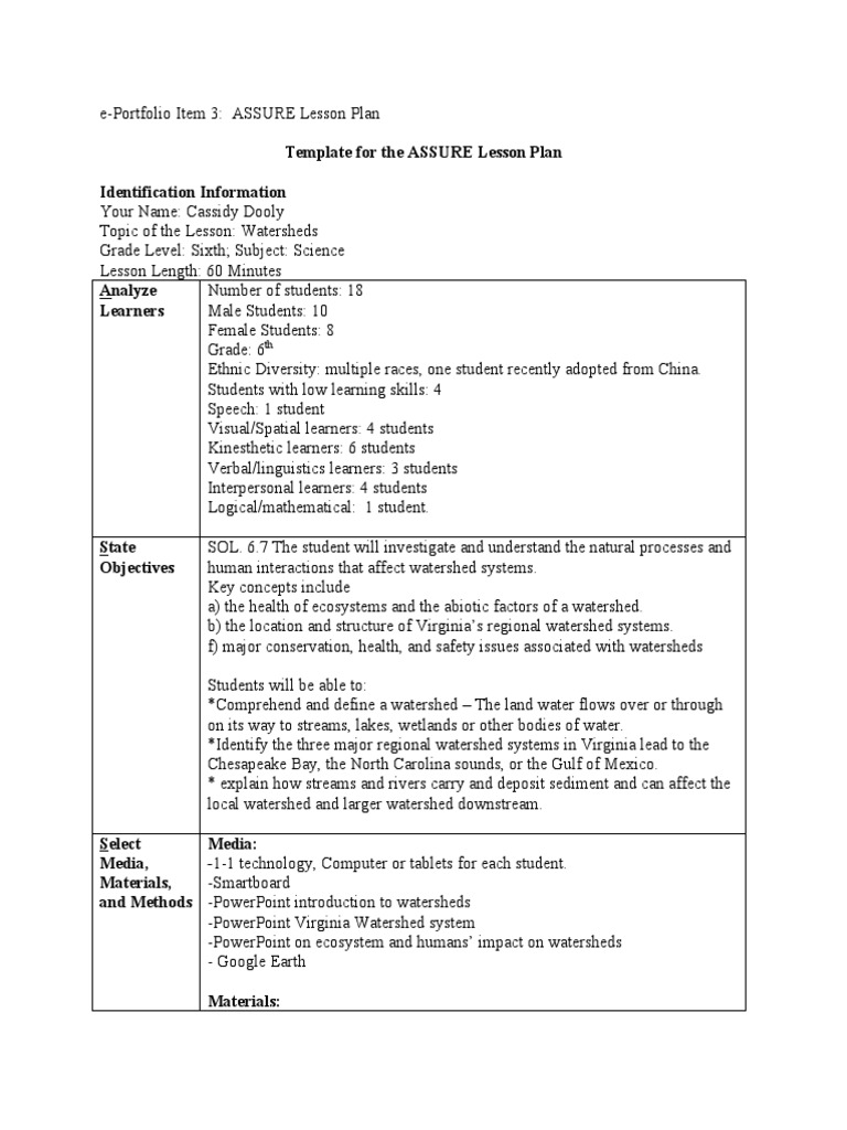 Template For The ASSURE Lesson Plan Identification Information | PDF ...