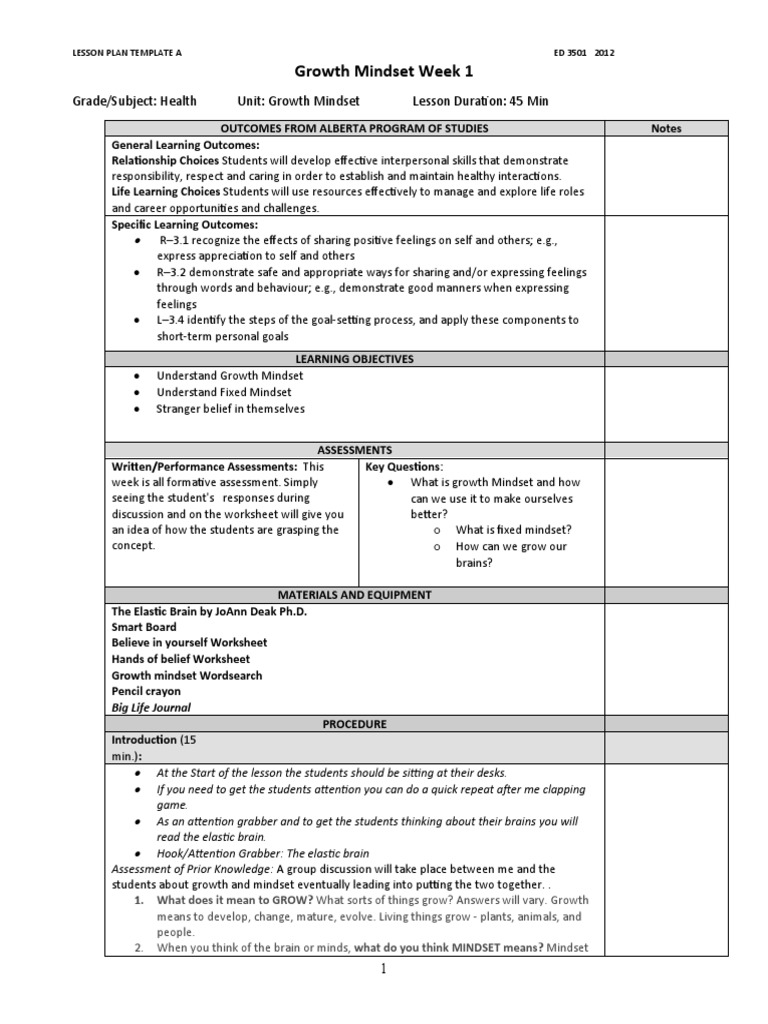 Growth Mindset Week 1: Grade/Subject: Health Unit: Growth Mindset ...