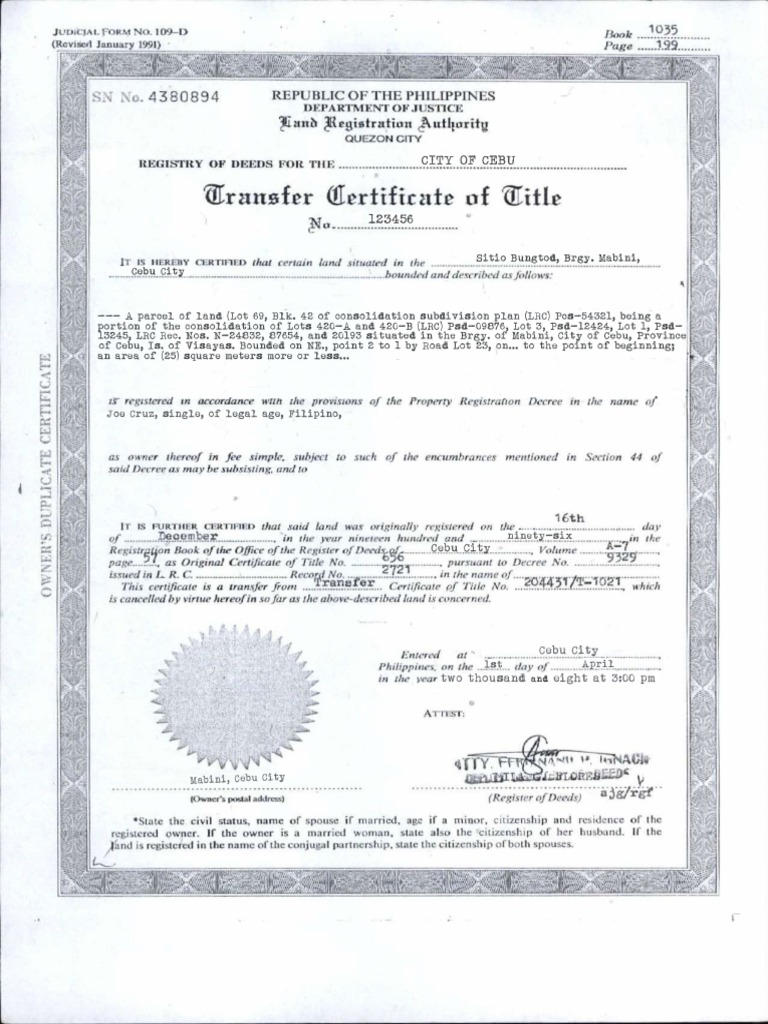 Transfer Certificate of Title PDF | PDF