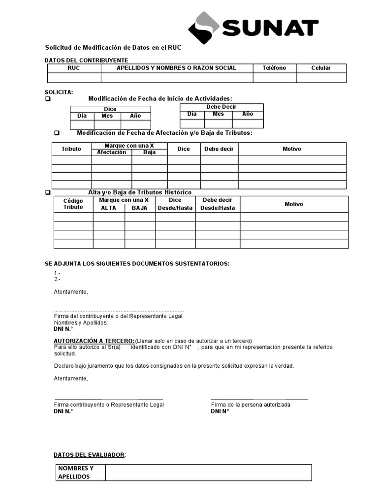 Solicitud de Modificacion de Datos Sunat | PDF Solicitud de Modificacion de Datos Sunat | PDF