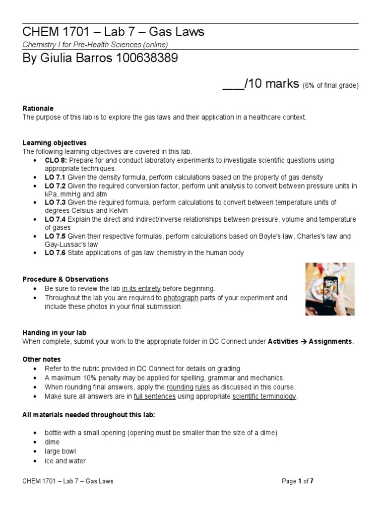 CHEM 1701 - Lab 7 - Gas Laws by Giulia Barros 100638389 /10 Marks | PDF ...