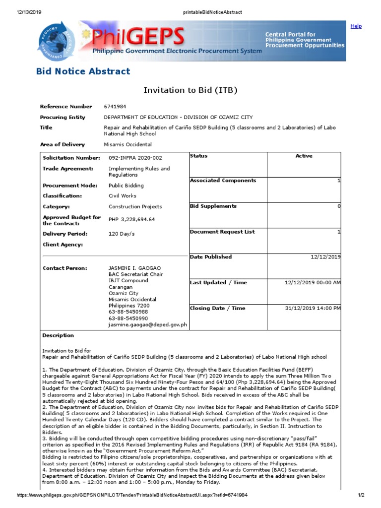 Repair and Rehabilitation of Cariño SEDP Building (5 Classrooms and 2 ...