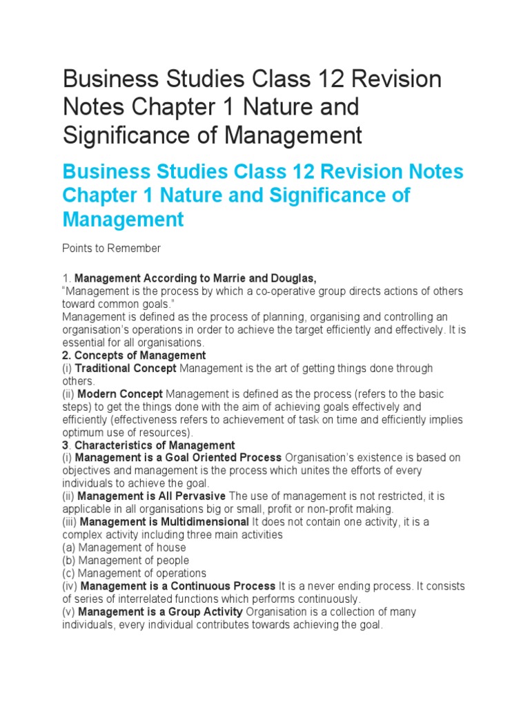 Business Studies Class 12 Revision Notes Chapter 1 Nature and ...