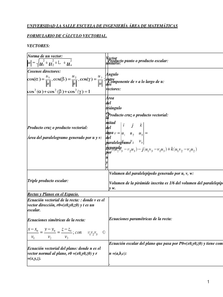 Formulario Calculo Vectorial | PDF | Divergencia | Vector Euclidiano