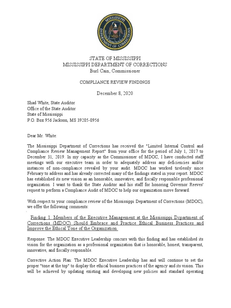 MDOC Compliance Review Findings 2020 | PDF | Internal Control ...