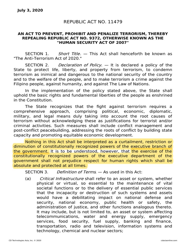 Short Title Declaration of Policy: Republic Act No. 11479 | PDF | Detention (Imprisonment ...