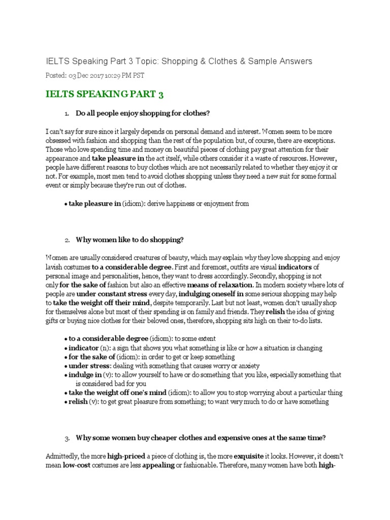IELTS Speaking Part 3 Topic: Shopping & Clothes & Sample Answers | PDF ...
