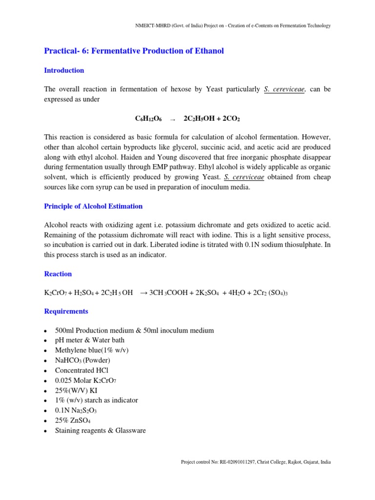 Practical-6: Fermentative Production of Ethanol: C H O 2C H Oh + 2co ...