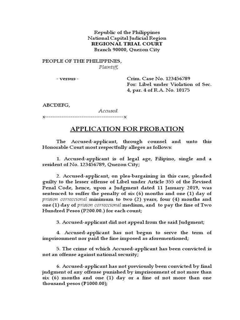 Application For Probation | PDF | Probation | Defamation