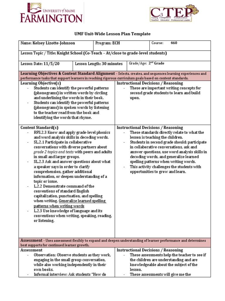 UMF Unit-Wide Lesson Plan Template: Grade 2 Topics and Texts With Peers ...