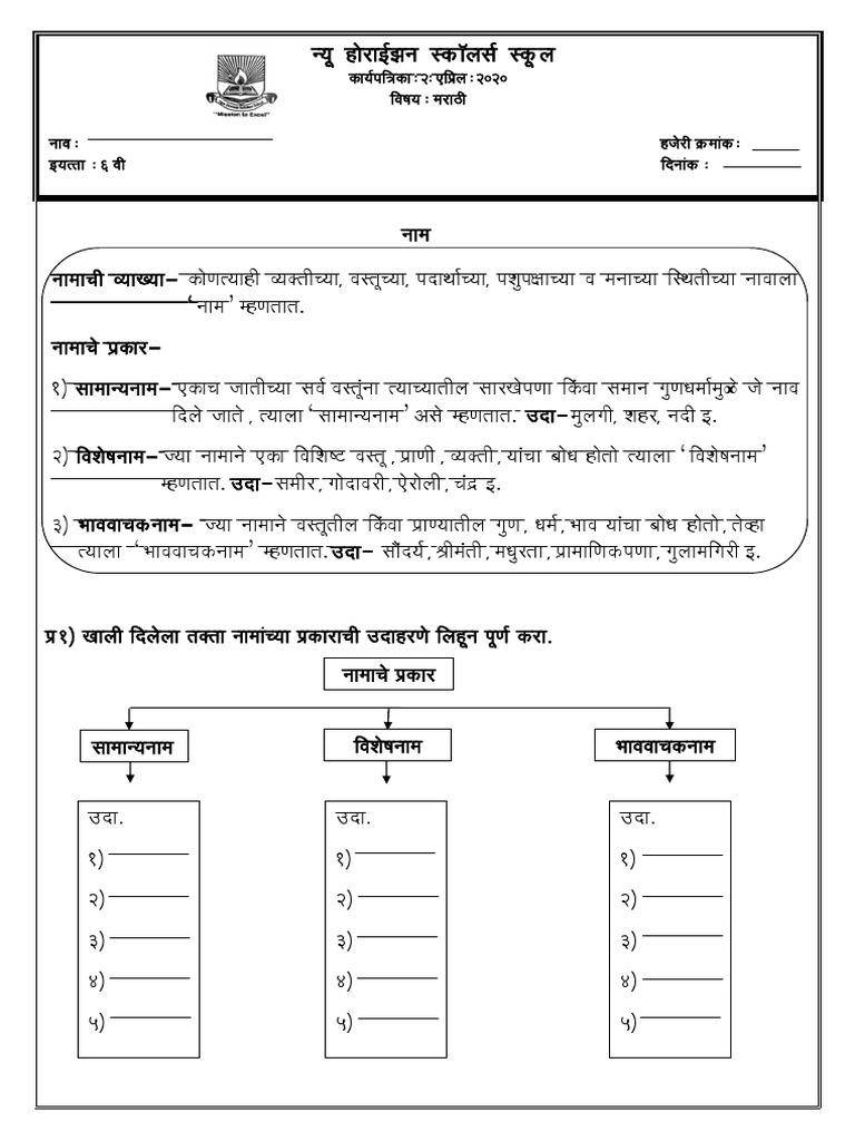 Grade 6-Subject-Marathi-Worksheet No. 2-Naam | PDF